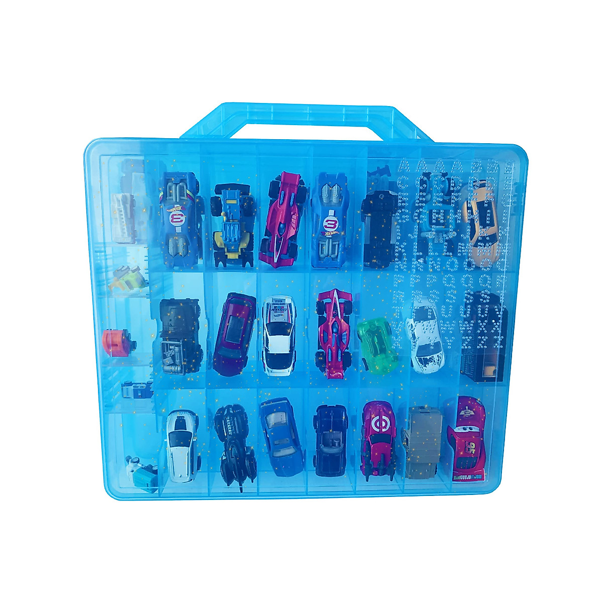 HOME4 Double Sided BPA Free Toy Storage Container - Compatible with Mini Toys Brands, Small Dolls Hot Wheels Tools Crafts - Toy Organizer Carrying Case - 48 Compartments - Cars Not Included (Clear)