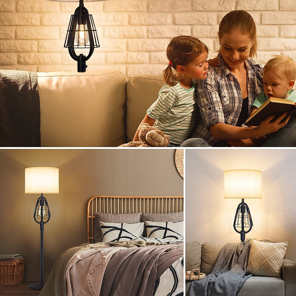 Farmhouse Floor Lamp with Night Light - Modern Standing Lamp for Living Room, 2-Light Industrial Tall Lamp with White Drum Shade, Black Pole Light & Stand up Lamp for Bedroom Office,Home, Reading