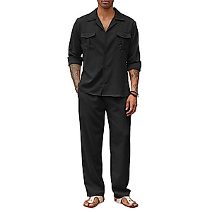 COODANDY Men Beach Vacation Outfit Two Piece Casual Pants and Long Sleeve Cuban Collar Shirt Sets (Sky Blue, Large)