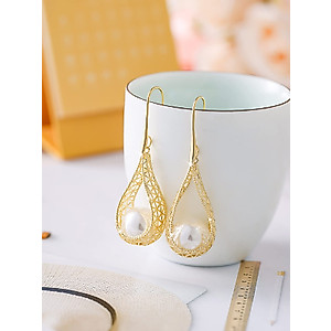 Big White Pearl Dangle Pierced Earrings for Women (White-14K Gold)