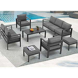 AECOJOY Aluminum Patio Furniture Set, Modern Outdoor Patio Furniture with Coffee Table, 7 Pieces Outdoor Conversation Set with Navy Blue Cushions for Balcony, Porch, Lawn and More