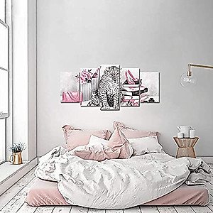 Kaloremore Black White Pink Fashion Leopard Canvas Wall Art Prints Glam High Heel Shoes Books Poster Giclee Prints Picture for Woman Bedroom Girl Gift Makeup Room Decoration