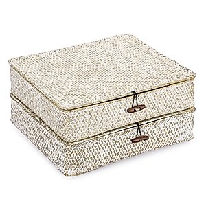 BTSKY 2 Pack Wicker Baskets With Lids Flat Woven Storage Bins for Shelf Organizing Natural Seagrass Storage Baskets with Lids Home Utility Organizer Box for Home & Office Supplies, Whitewash (Large)