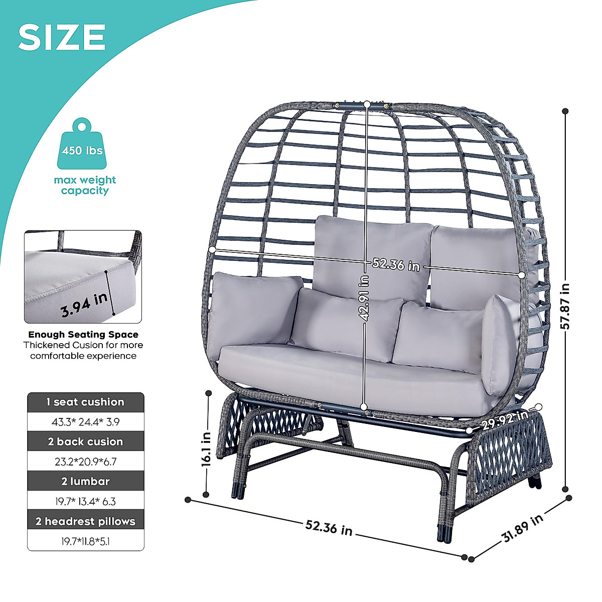 Outdoor Double Egg Chair Patio Chairs - 500lbs Capacity for 2 Person, Oversized Wicker Rocking Glider Chair with Steel Stand, Hand-Woven Lounge Chair Nest Loveseat for Indoor, Porch, Backyard, Balcony