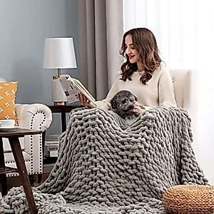 HBlife Chunky Knit Throw Blanket 40X40 Inches, Super Warm Soft Chenille Yarn Cable Knitted Blankets and Throws Boho Giant Cozy Thick Crochet Blanket for Sofa Bed Couch, Grey