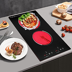 Electric Ceramic Cooktop with Plug, 1500W 110V Portable Cooktop 2 Burners Electric Built-in Cooktop Sensor Touch Control Countertop Electric Hot Plate, 9 Heating Level