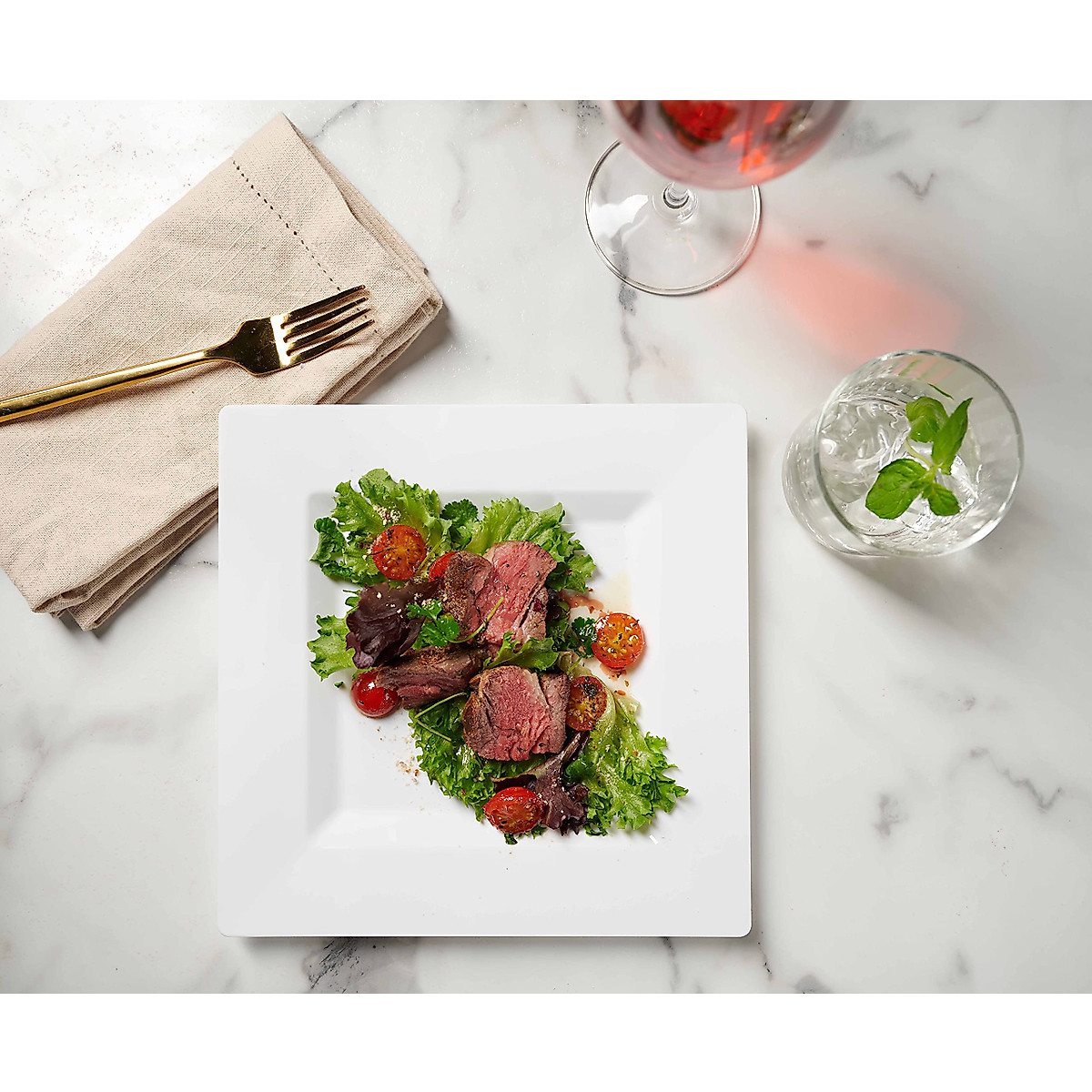 60 White Plastic Plates Set, 30 Pc 10.25 Inch Plastic Dinner Plates, and 30 Pc 7.5 Inch Plastic Dessert Plates, Fancy Disposable Plates, Heavy Duty Party Plates, Elegant Wedding Plates, Square Plates