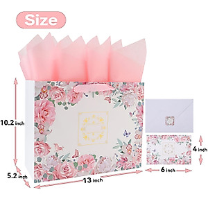 13” Large Pink Roses Gift Bag Set with Handles, Greeting Card, Tissue Papers and Stickers for Women Girls for Birthday, Wedding, Anniversary and Mother’s Day, Gold Foil Flowers Design, 1 Pcs