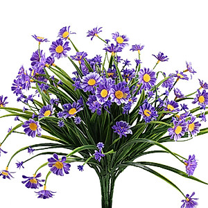 NAHUAA 4PCS Fake Daisy Flowers for Outdoor Purple Artificial Plastic Plants Greenery UV Resistant Shrubs Table Centerpieces Arrangements Home Kitchen Garden Spring Farmhouse Decor