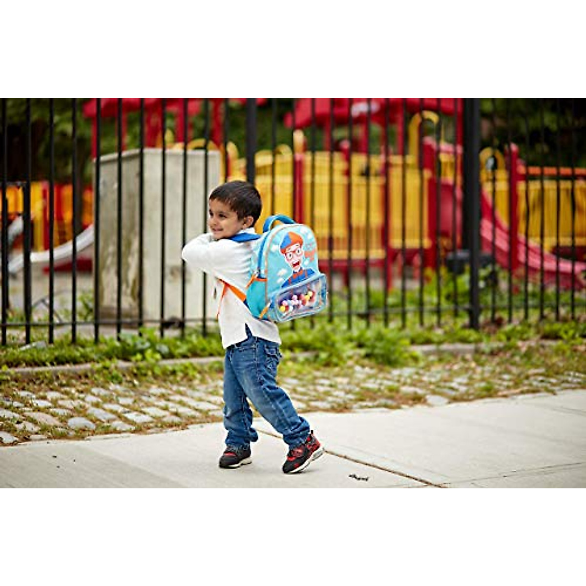 Blippi Backpack with Sound for Boys and Girls, Clear Front Pocket and Mesh Side Pockets, Toddler’s Schoolbag with Padded Back and Adjustable Straps, Versatile Day Pack for Kids, Blue and Orange