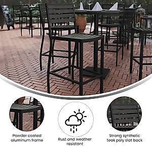 Flash Furniture Lark Commercial Grade Bar Height Stool, All-Weather Outdoor Bar Stool with Faux Wood Poly Resin Slats and Aluminum Frame, Gray Wash