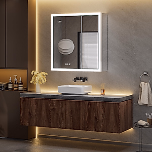 QueenFun 30x32 LED Medicine Cabinet with Mirror, Surface or Recessed Lighted Medicine Cabinet with Mirror, Dimmable Fogless Aluminum Medicine Cabinet with Outlet, Time Display& Built-in Sensing Light