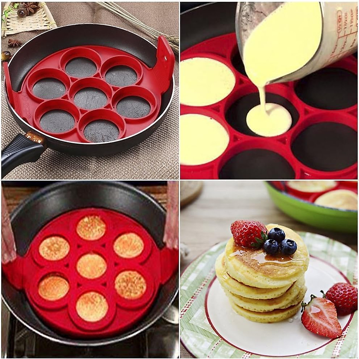 Flip N Cook Pancake, Flip N Cook Silicone Pancake Mold, Flip and Cook Pancake Maker, Reusable Fried Egg Molds, Flip'n'cook Silicone Pancake Mold, Reusable silicone omelet mold (Round-Red+Heart-Pink)