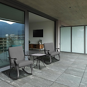 Four Seasons Courtyard Gramercy 3 Piece Cushioned Rocking Chairs Outdoor Backyard Patio Furniture Bistro Set with Square Side Table, Charcoal Gray