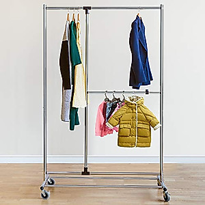 Tatkraft Marvel Heavy Duty Adjustable Clothes Rack on Wheels, Rolling Double Rod Garment Rack, Chromed Steel