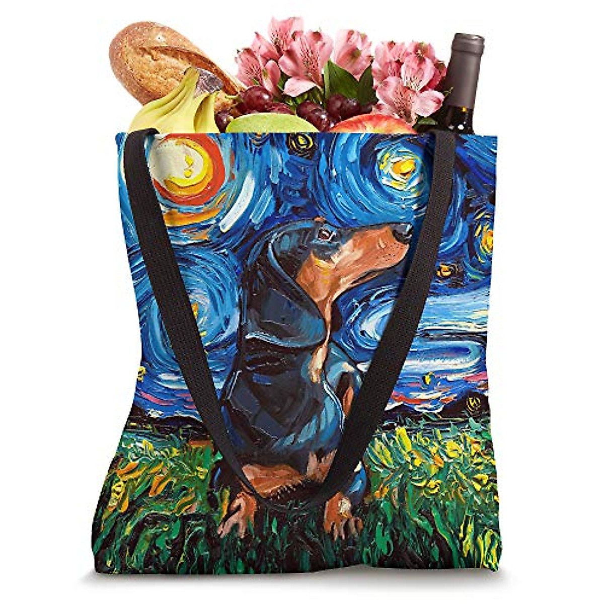 Black and Tan Dachshund Doxie Starry Night Dog Art by Aja Tote Bag
