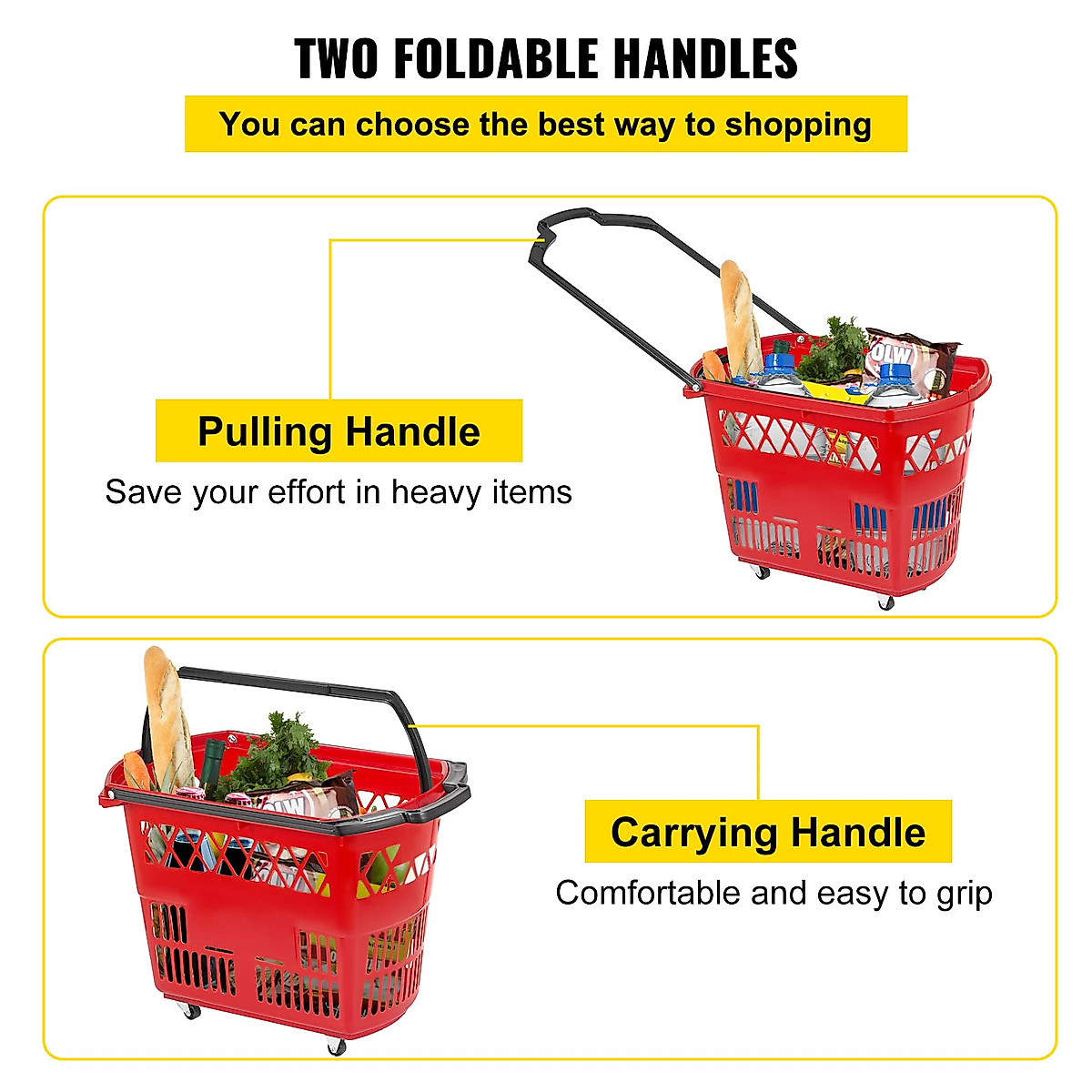 Mophorn 6PCS Shopping Carts, Plastic Rolling Shopping Basket with Wheels, Red Shopping Baskets with Handles, Portable Shopping Basket Set for Retail Store