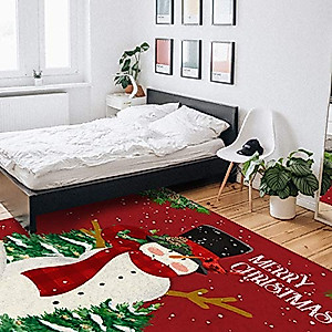 Indoor Area Rug - Welcome Mat Living Room Area Rugs Washable Non-Slip Floor Carpet for Bedroom Farmhouse Dorm (Merry Christmas Snowman Xmas Tree Red, 2'x3')
