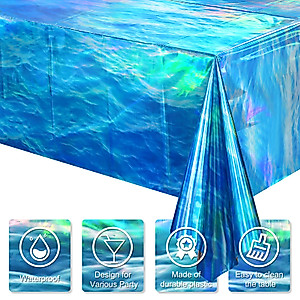 3 Pcs Iridescent Ocean Waves Tablecloths Disposable Plastic Ocean Blue Table Cloth Rectangle Table Covers for Under the Sea Beach Surf Ocean Pool Party Birthday Party Decorations, 54 x 108 Inch