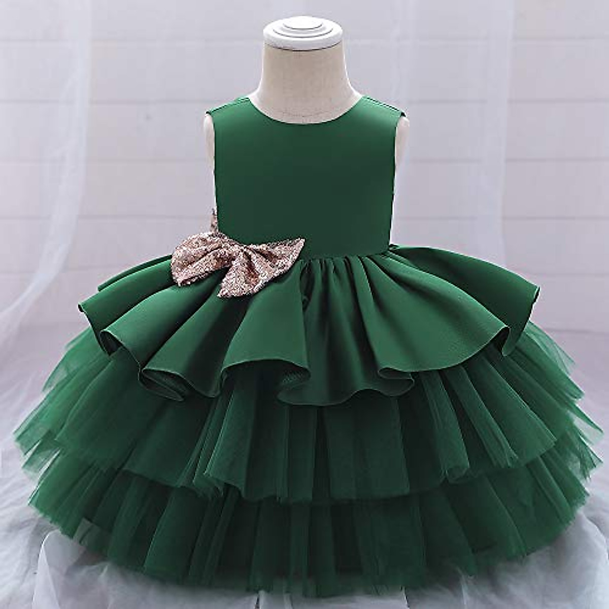 AVAZU 6M-5T Toddler Baby Girls Backless Big Sequins Bowknot Tutu Gown Formal Wedding Party Easter Ball Gown Christmas Dress Dark Green 90