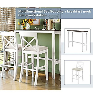 Polibi 3-Piece Bar Height Dining Set with 48”Rectangular Bar Table and 2 Padded Chairs for Dining Room Kitchen Breakfast Nook, Cherry+White