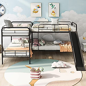 Merax Metal L-Shaped Bunk Bed with Slide and Ladder
