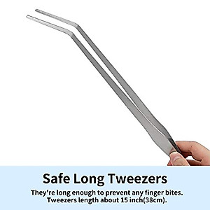 2-Pack 15 inch Heavy Duty Stainless Steel Long Tweezers, Curved and Straight Design with Anti-slip Grasp Tips Large Tongs for Reptiles Feeding, Aquascape Maintenance