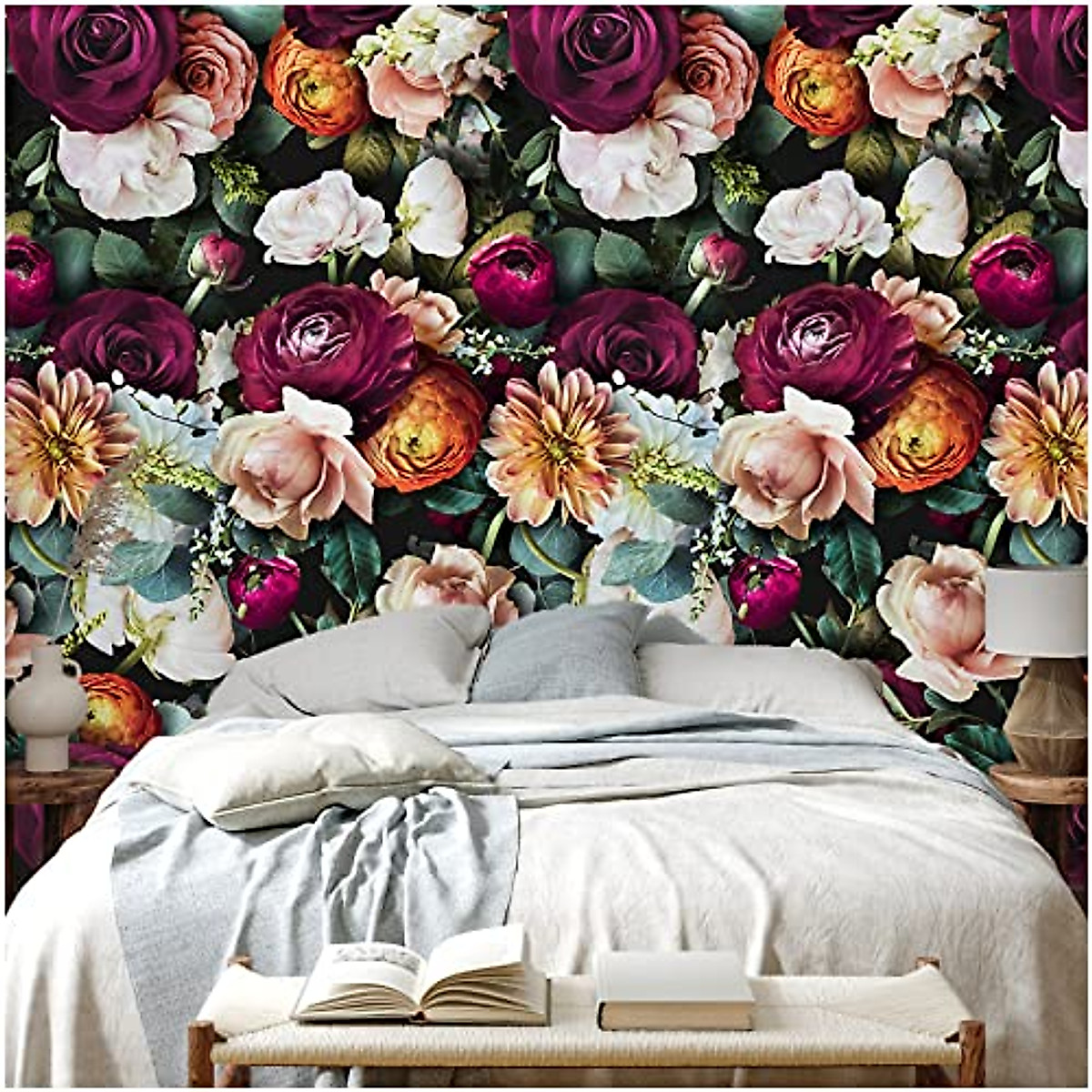 HAOKHOME 93277 Peel and Stick Floral Wallpaper Rose Daisy Removable Black/Pink/Purple Stick on Wild Mural 17.7in x 9.8ft