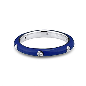 Santuzza Stackable Enamel Ring 925 Sterling Silver Stacking Cubic Zirconia Eternity Colorful Rainbow Band Rings (Small, Navy Blue, 5.5)