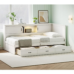 Merax Twin Size Corner Bed Frames with Storage Drawers and USB Port & Led Downlight Headboard, Wooden L-Shaped Captain Daybed for Small Room, Bedroom, Guest Room, Kids' Room, White