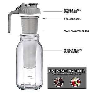 Cold Brew Mason Jar iced Coffee Maker, Durable Glass, - 64 oz (2 Quart / 1.9 Liter), With Handle& Stainless Steel Filter for Iced Brew Coffee, Lemonade, Ice Tea, Homemade Fruit Drinks Container