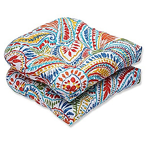 Pillow Perfect Paisley Indoor/Outdoor Chair Seat Cushion, Tufted, Weather, and Fade Resistant, 19" x 19", Blue/Multi Ummi, 2 Count