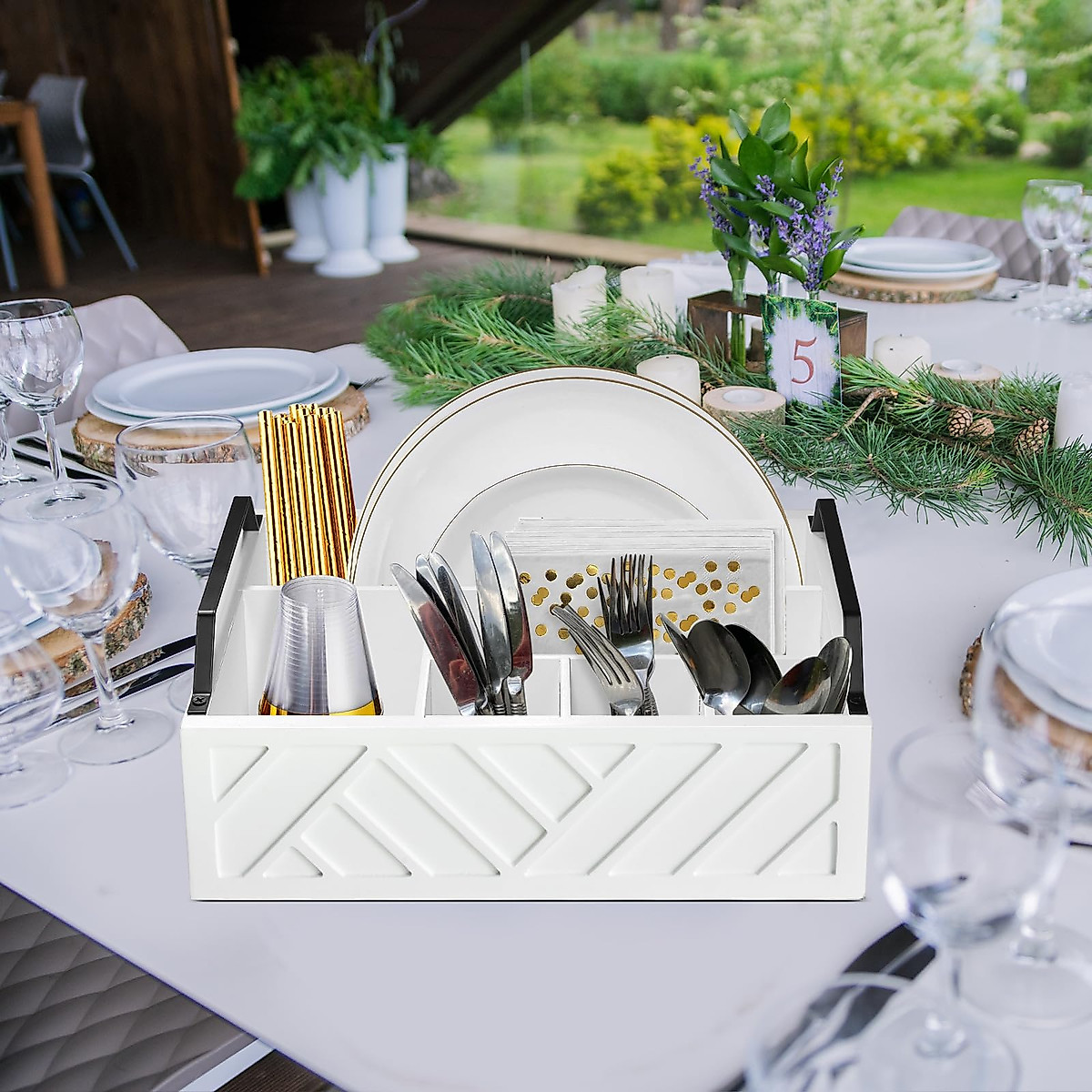 Paper Plate Dispenser, Paper Plate Holder for Kitchen Counter, Wood Rustic Silverware Utensil Caddy, Cutlery Flatware Organizer Box for Cups Spoons Forks Plates Napkins, Kitchen Accessories (White)