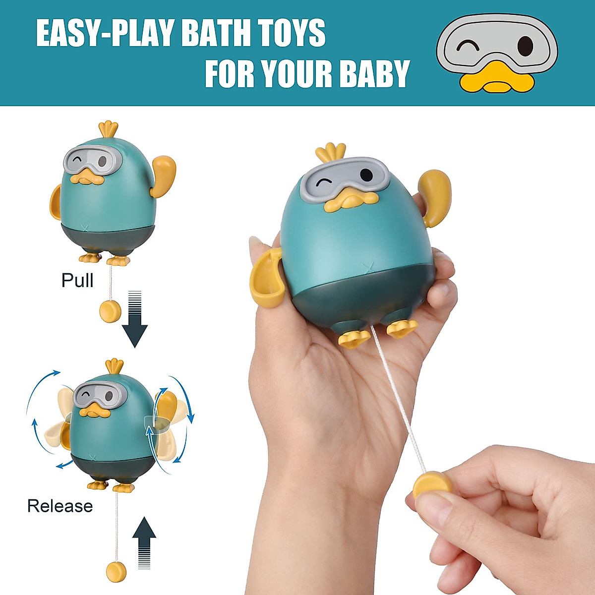 Bath Toys Storage with 2 Pack Cute Swimming Duck Baby Bath Toys for Toddlers 1-3, Baby Bath Toy Organizer with 3 Suction Cups & 3 Adhesive Hooks, Toddler Bath Toys, Wind Up Bathtub Toys for Boy Girl