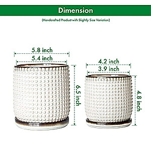 Set of 2, 6 Inch & 4 Inch Ceramic Indoor Planter Pots with Drainage Hole and Saucer, Beaded Design Flower Pots, Smoked White, 27-H-B-SW-ZS