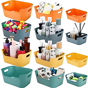 Tlence 12 Pack Plastic Storage Bins and Baskets, 3 Sizes Classroom Organizer Bins with Built-in Handle, Household Colorful Pantry Shelf Organization Buckets Container for Office Bedroom Countertop