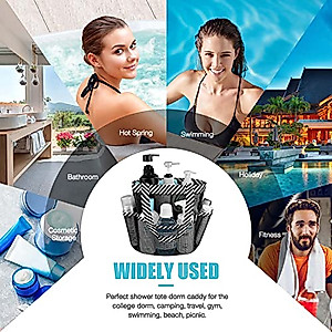 Ndeno Mesh Shower Caddy 8 Pockets Portable, Hanging Portable Toiletry Bag Tote for Men and Women, Quick Dry Bath Organizer Dorm Room Essentials for Beach, Camp, Travel (1pcs, Black Strips)