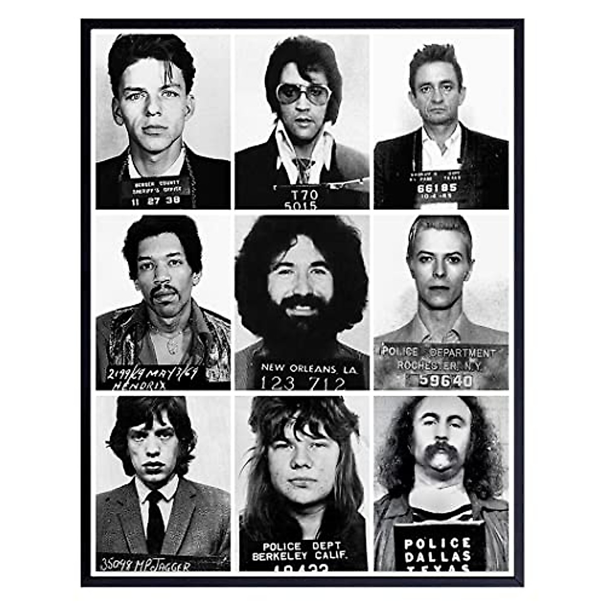 Bowie, Elvis, Johnny Cash, Jerry Garcia, Jimi Hendrix, Mick Jagger, Frank Sinatra, David Crosby, Janice Joplin Musicians Mugshots Photo - LARGE 11x14 - Music Gifts - Wall Art Home Decor Poster Prints