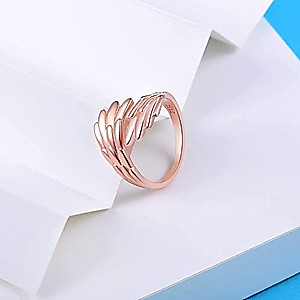 IOHUPCI Feather Angel Wings Adjustable Dainty White Gold Plated Sterling Silver Open Ring for Women/Men//Teens Gifts (Rose Gold)