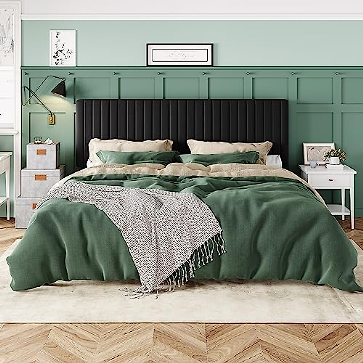 Allewie King Bed Frame, Velvet Upholstered Platform Bed with Adjustable Vertical Channel Tufted Headboard, Mattress Foundation with Strong Wooden Slats, Box Spring Optional, Easy Assembly, Black