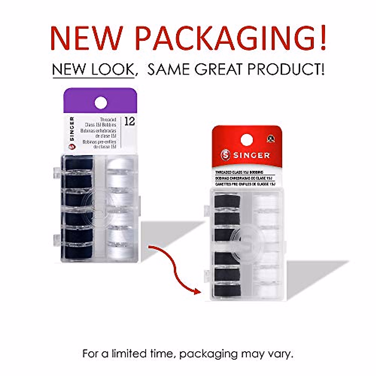 SINGER Class 15J Threaded Bobbins in Case, 12-Count, Black & White