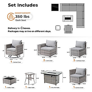 ovios 9 Pieces Patio Furniture Set, Outdoor Sectional Sofa with Swivel Rocking Chair, 42" Fire Pit Table, Wide Arms and Deep Seat, Modular Wicker Rattan Conversation Set, Dark Grey