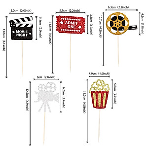 30 PCS Movie Cupcake Toppers Glitter Movie Night Roll Camera Popcorn Cupcake Picks for Hollywood Theme Baby Shower Kids Birthday Party Cake Decorations Supplies