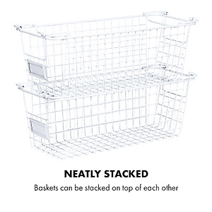 Granrosi Stackable Wire Baskets for Organizing - Set of 2 White Wire Storage Baskets with Handles; Freezer Baskets; Snacks & Chips Organizer for Pantry