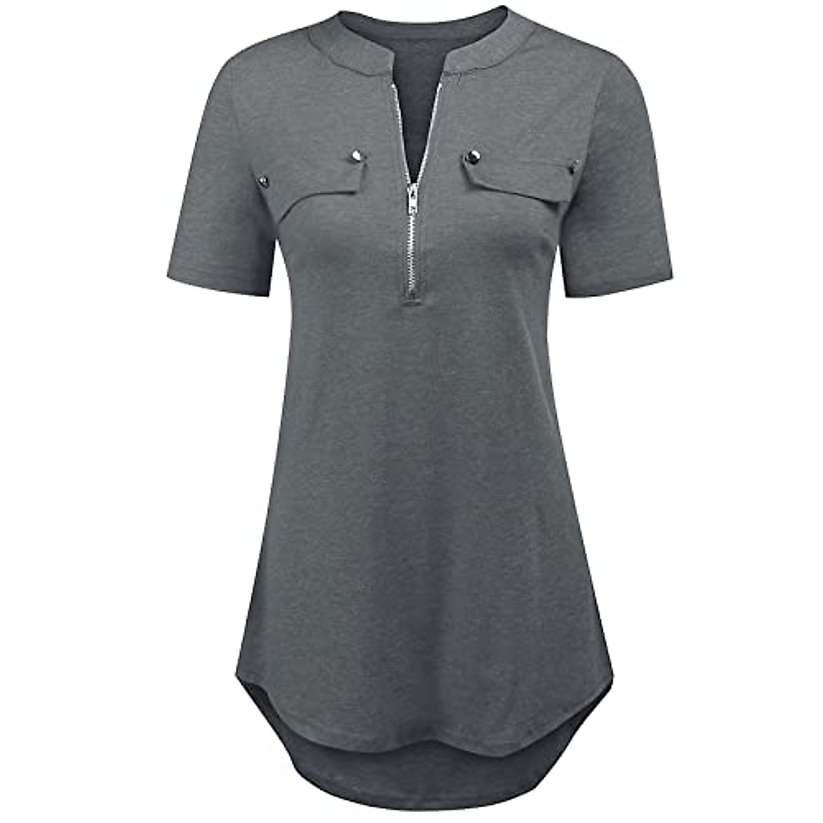 Women's Fashion Split V Neck Plain Short Sleeve Casual Cute Tunic Blouses Tops Grey XL