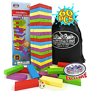 Matty's Mix-Up 60pc Large Colorful Wooden Tumble Tower Deluxe Stacking Game with Storage Bag