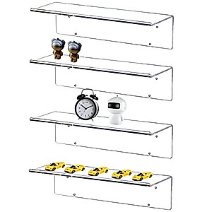 LikeU 4 PCS Clear Acrylic Floating Shelves Display Ledge,5 MM Thick Wall Mounted Storage Shelf with Detachable Hooks for Entryway/Living Room/Kitchen or Office 15.8 Inch Damage Free Bathroom Shelves