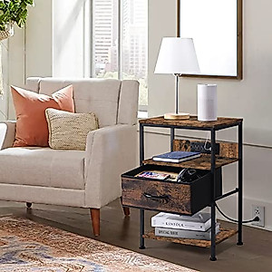 NOVIMANGO Nightstand with Charging Station Bedside Tables with Drawer Bedroom End Table Small Side Tables with USB & AC Ports Industrial End Table with Storage for Living Room Dorm Farmhouse Brown