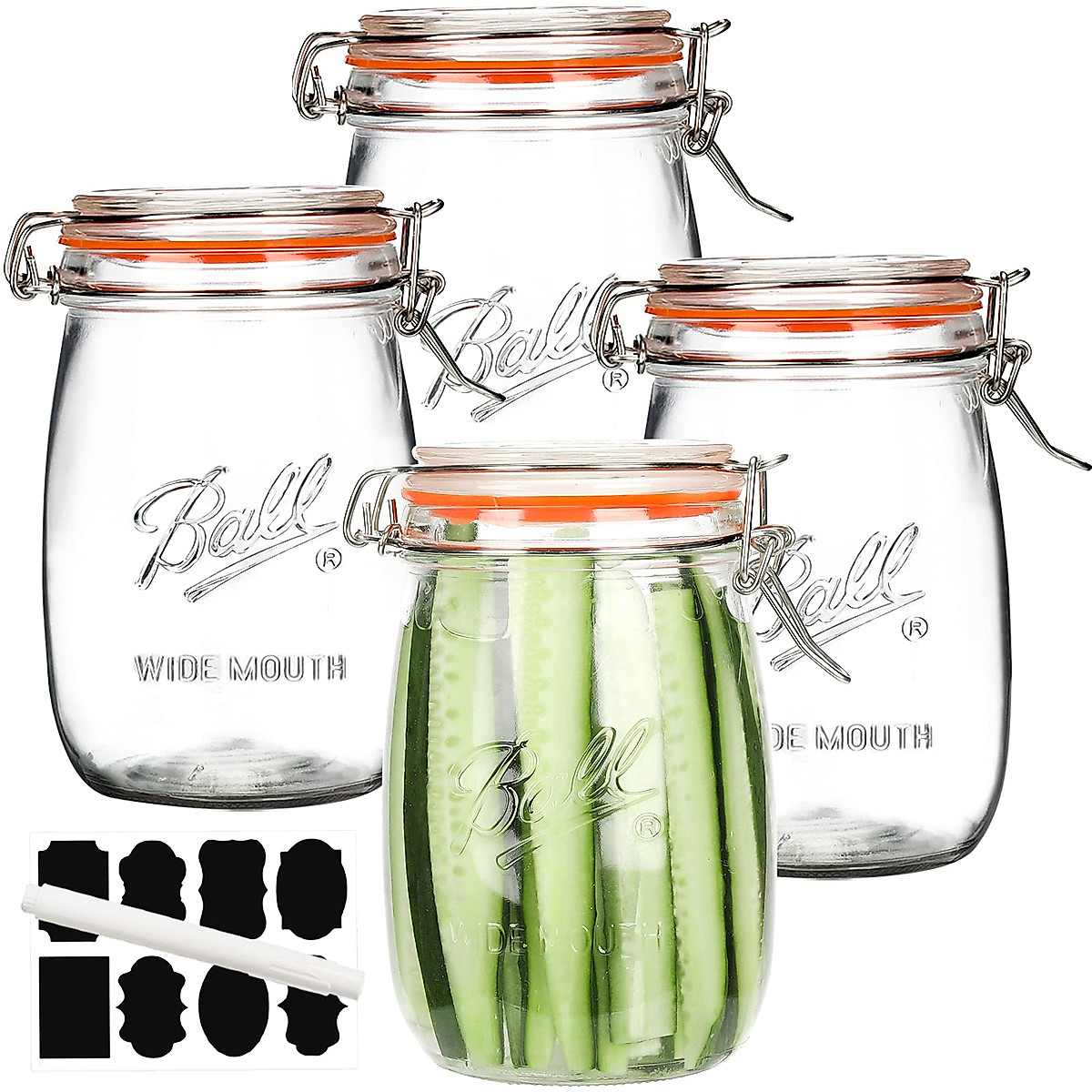 Anwoi Wide Mouth Glass Jars with Airtight Lid 32OZ 4 Pack, Kitchen Storage Large Clear Canister Jars with Hinged Lid with Measurement Marks For Canning,Coffee,Flour,Sugar,Beans