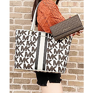 Michael Kors Jet Set Travel Medium Carryall Tote Brown Graphic MK Logo Optic White…